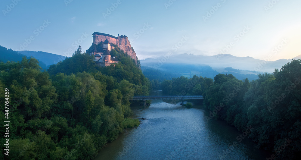 Panoramic, aerial view of Orava Castle, fantasy castle situated on a ...