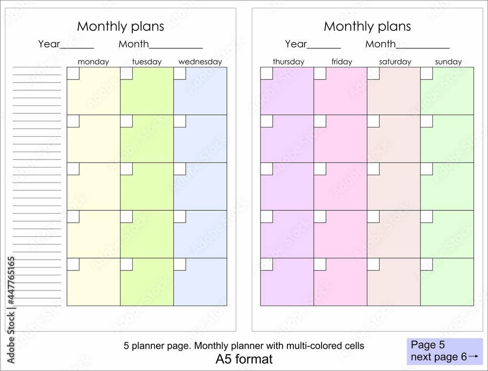 Table for entering monthly plans. Monthly planner. Colored cells ...
