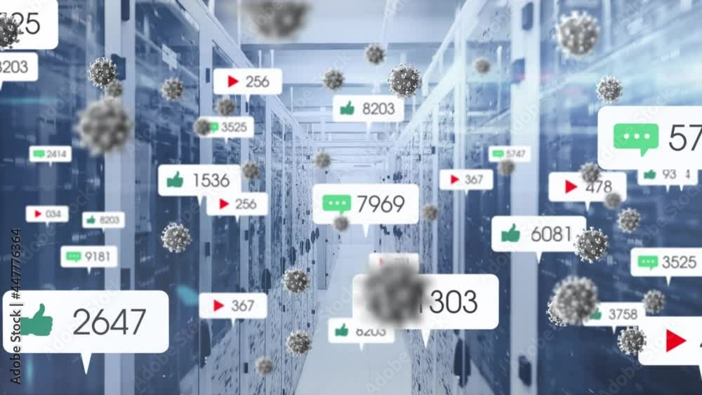 Multiple covid-19 cells and digital icon with increasing numbers ...