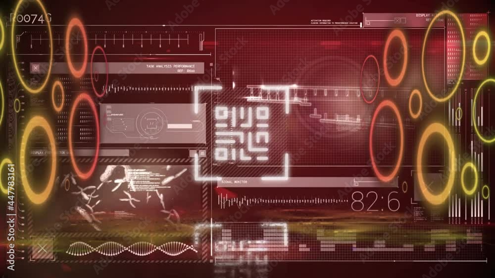 Digital animation of glowing qr code and neon circles over digital ...