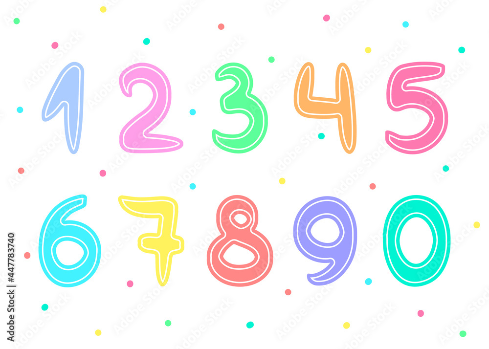 Pastel numbers set for kids in cartoon style. Colored funny math ...