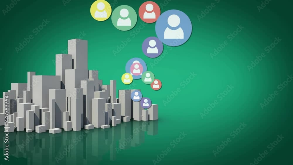 Multiple colorful profile icons floating over 3d city model spinning ...