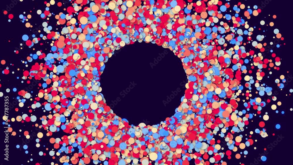 Round structure. Multicolored round particles fly from emitter on plane ...