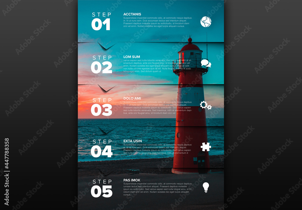 Five Steps Vertical Progress Page Layout with Big Photo Placeholder ...