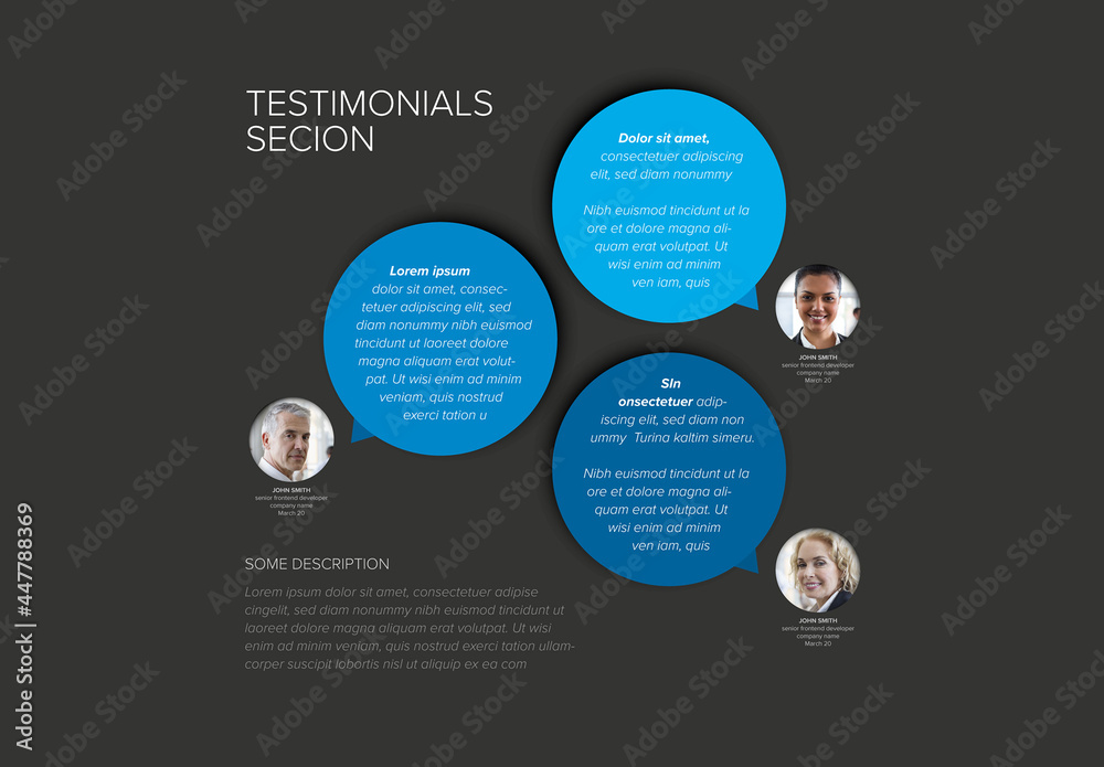 Blue Testimonials Circle Speech Bubbles Review Section Layout Layout ...