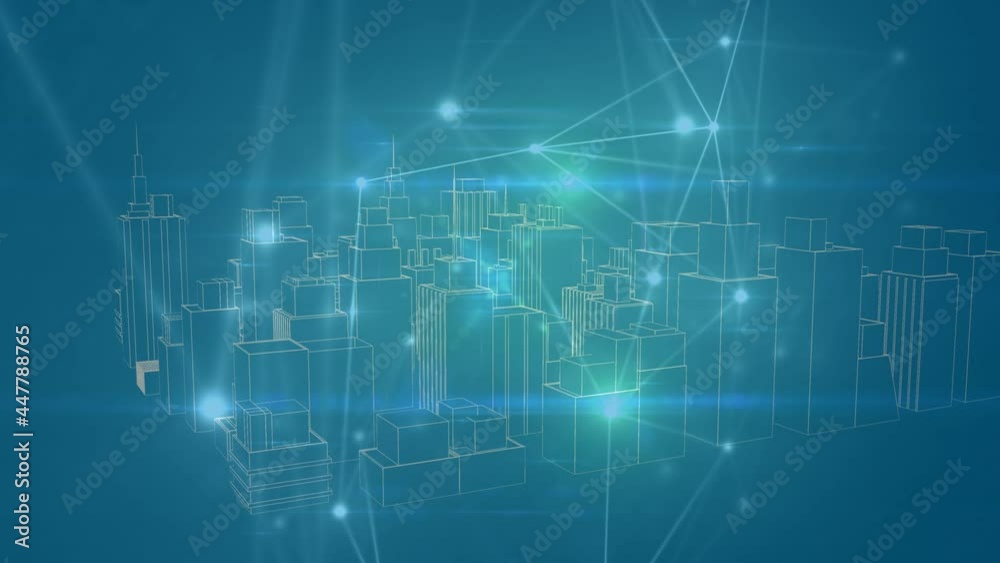 Animation of network of connections over 3d city drawing spinning Stock ...
