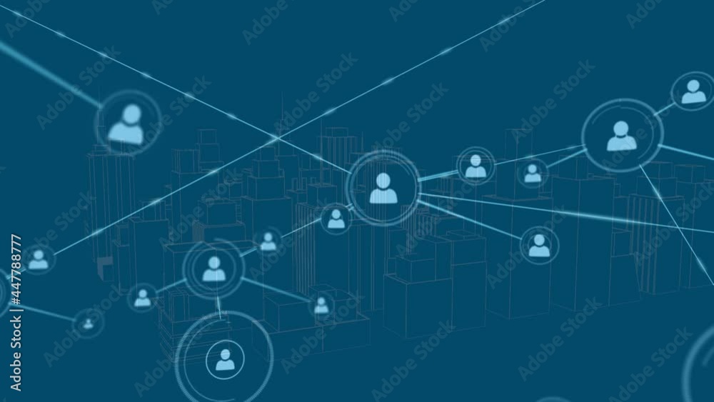 Network of profile icons over 3d city model spinning against blue ...