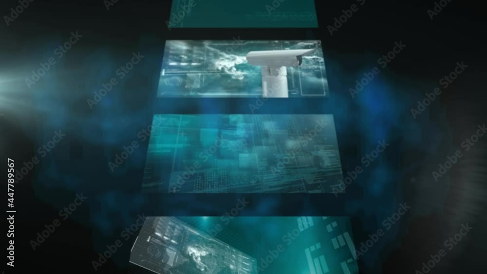 Animation of cascade of digital interface screens with information and ...