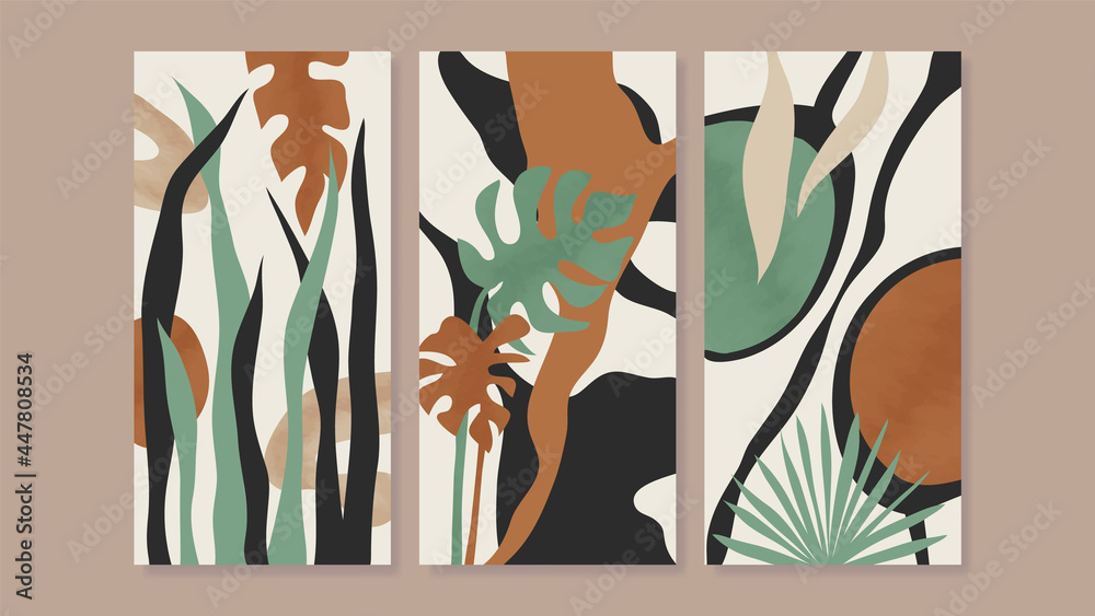 Mid century modern triptych wall art vector. Abstract art background ...