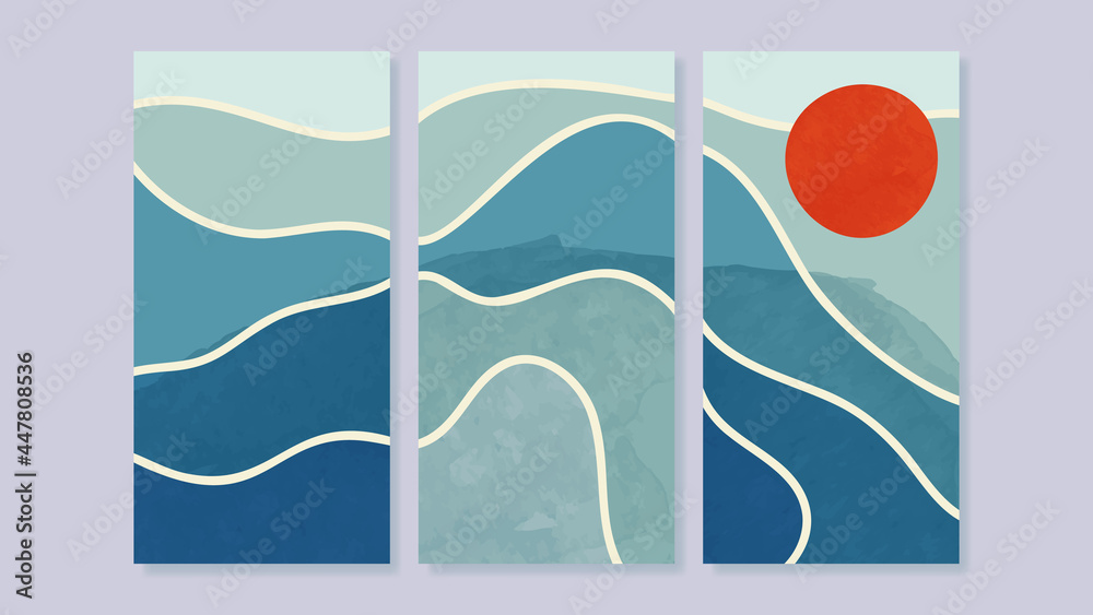 Mid century modern triptych wall art vector. Abstract art background ...