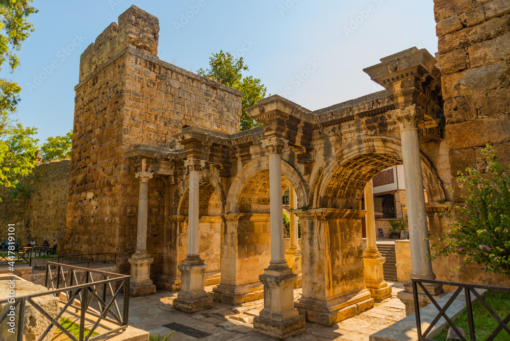 ANTALYA, TURKEY: Adrian Gate. Antique ancient construction of marble ...