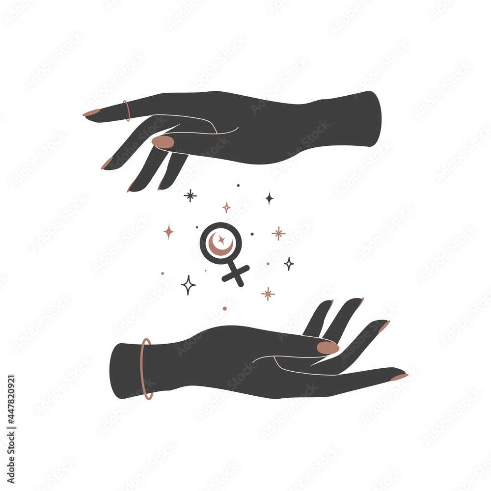 Female gender symbol between woman hands. Spiritual mystical symbol for ...