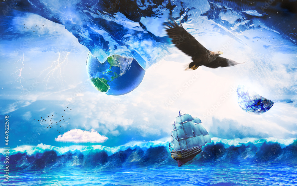 Futuristic collage with mountains with lightning, birds, inverted ...