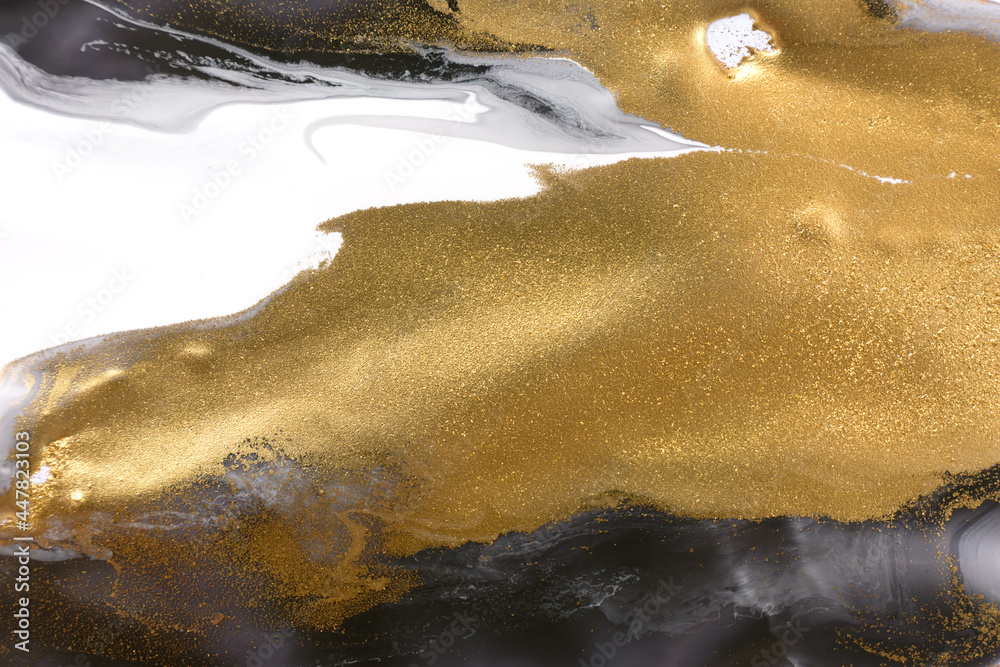 Gold spots on white and black smudges of paint. Abstract pattern. Stock ...