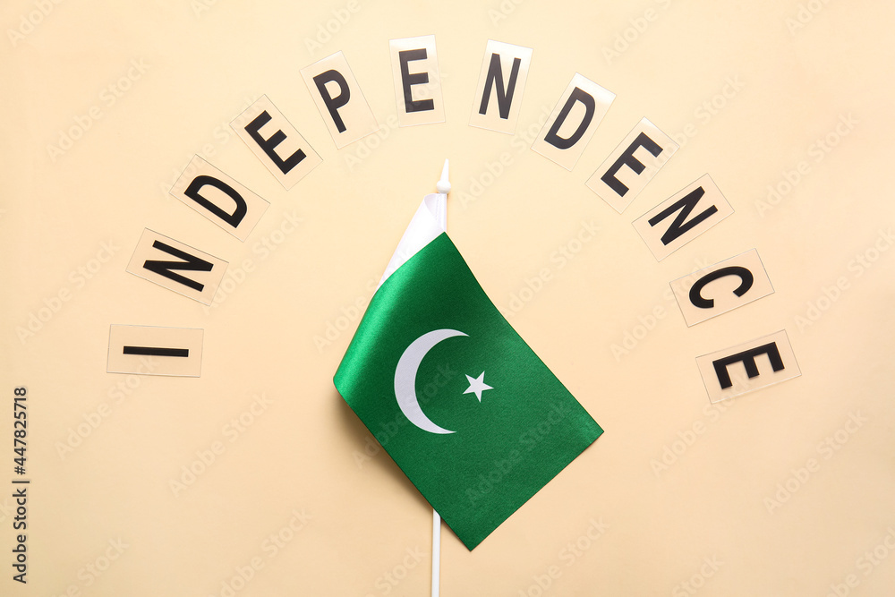 Flag of Pakistan and text INDEPENDENCE on color background Stock Photo ...