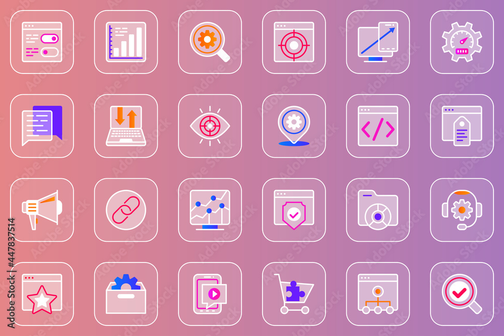 SEO optimization web glassmorphic icons set. Pack outline pictograms of ...