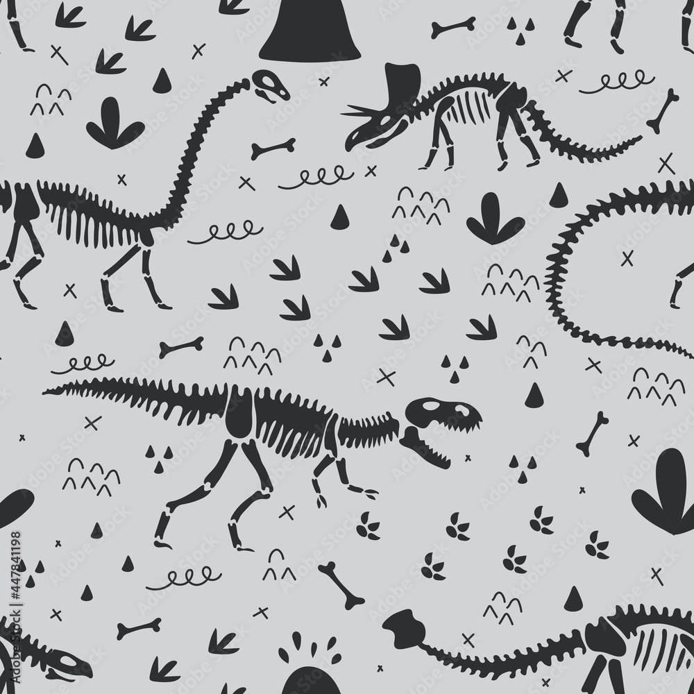 Dinosaur bones seamless pattern on grey background. Funny Vector ...