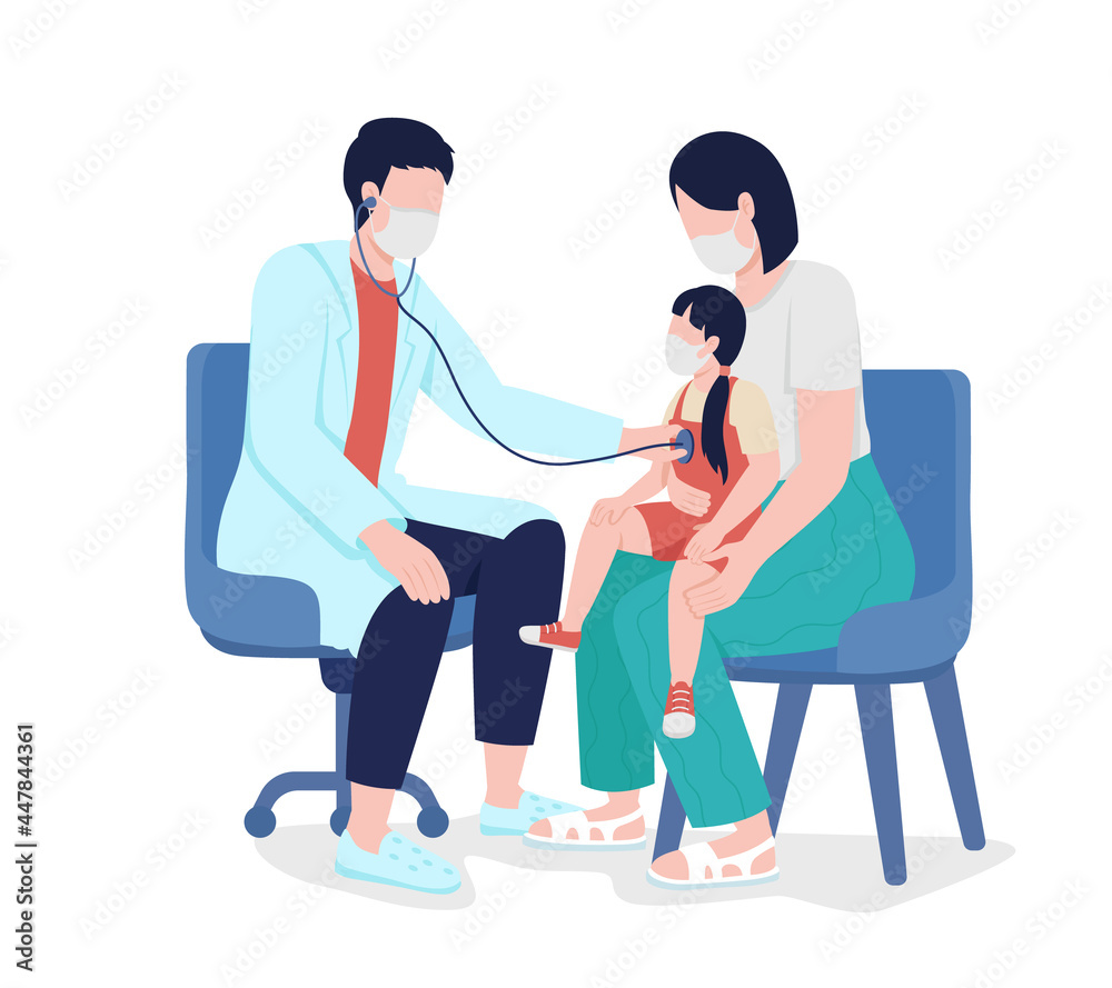 Doctor listen to child lungs semi flat color vector characters. Full ...