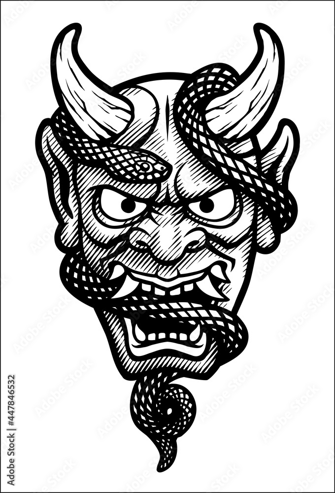 Japanese mask of a demon with a snake. Vector illustration. Stock ...