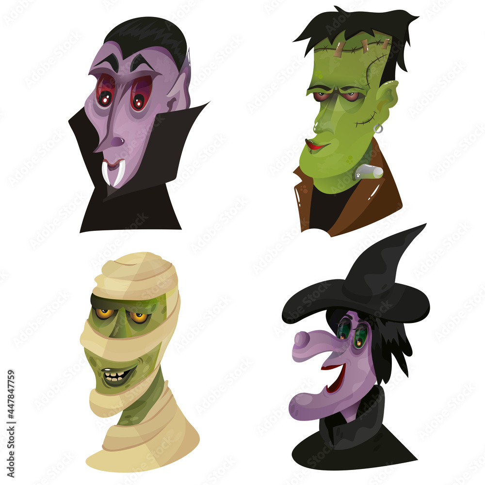 The mummy. Witch. Frankenstein. Dracula costume for Halloween. Cartoon ...