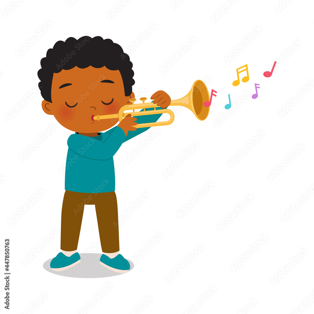 Cute boy playing trumpet instrument. Flat vector cartoon style Stock ...