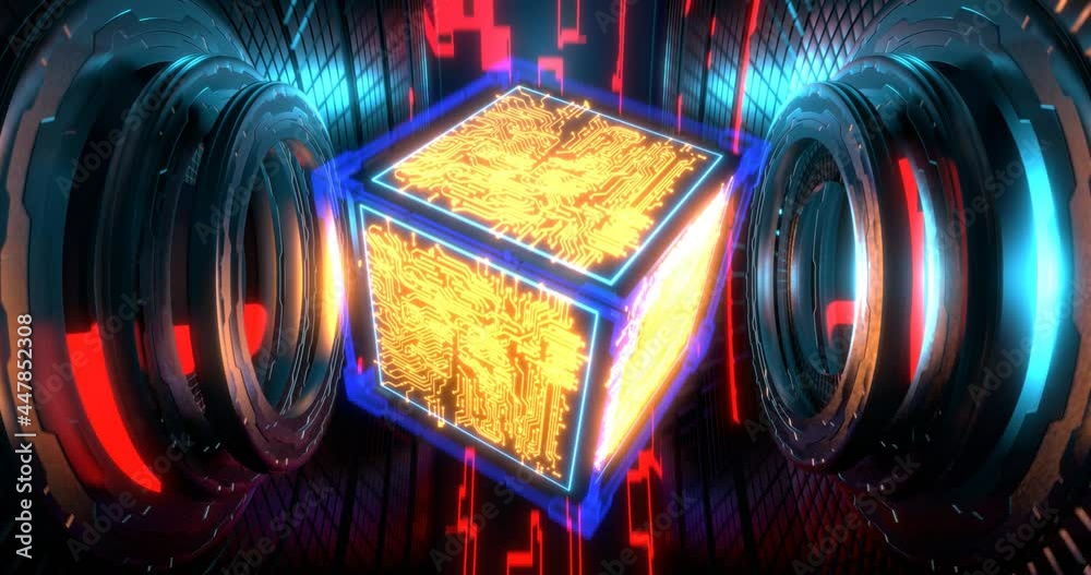 Rotating neon cyber cube in futuristic interior with circuit board ...
