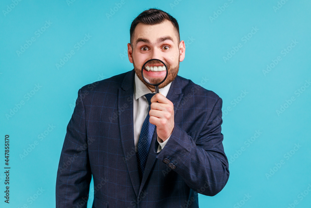 Smile zoom or tooth care concept. Portrait of young businessman in suit ...