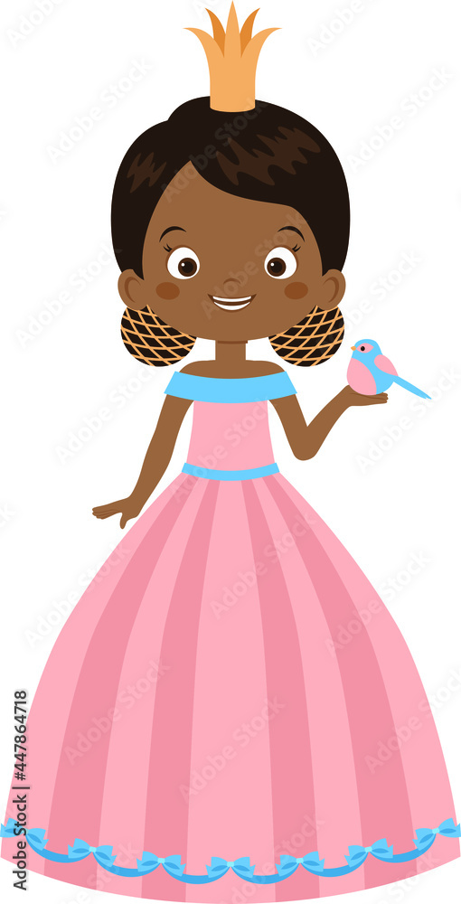 Cute happy black skin princess holding a bird. Fairy tale illustration ...