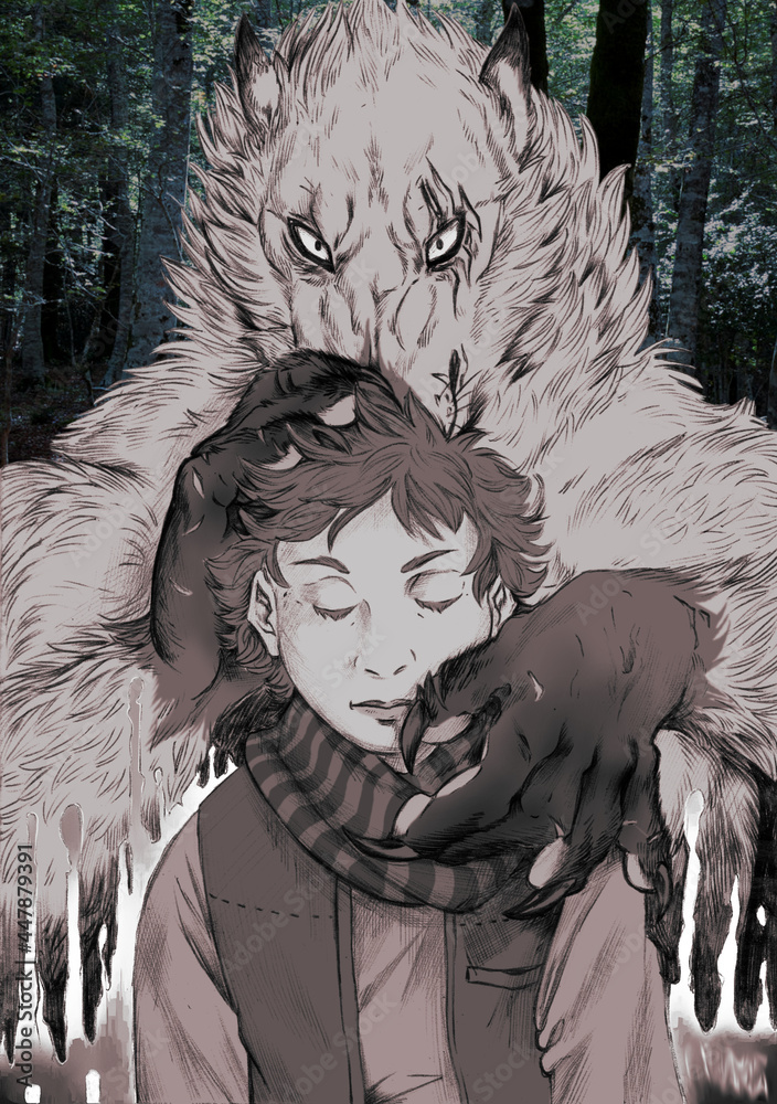 Illustration of a big and menacing werewolf behind a small human ...