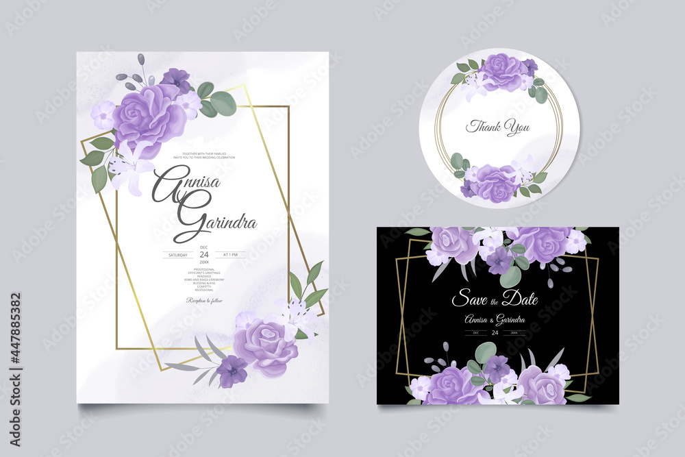 Wedding invitation card template set with beautiful purple floral ...