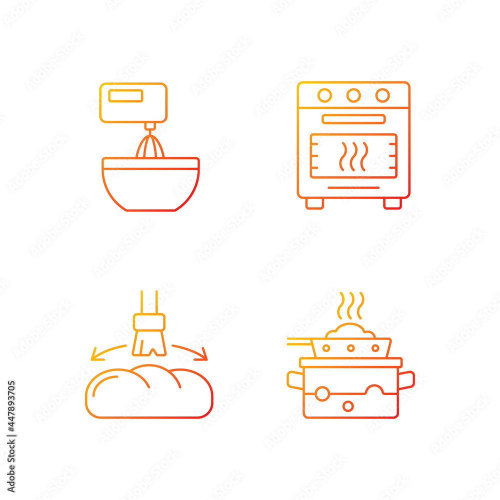 Cookery gradient linear vector icons set. Beating as cooking ...
