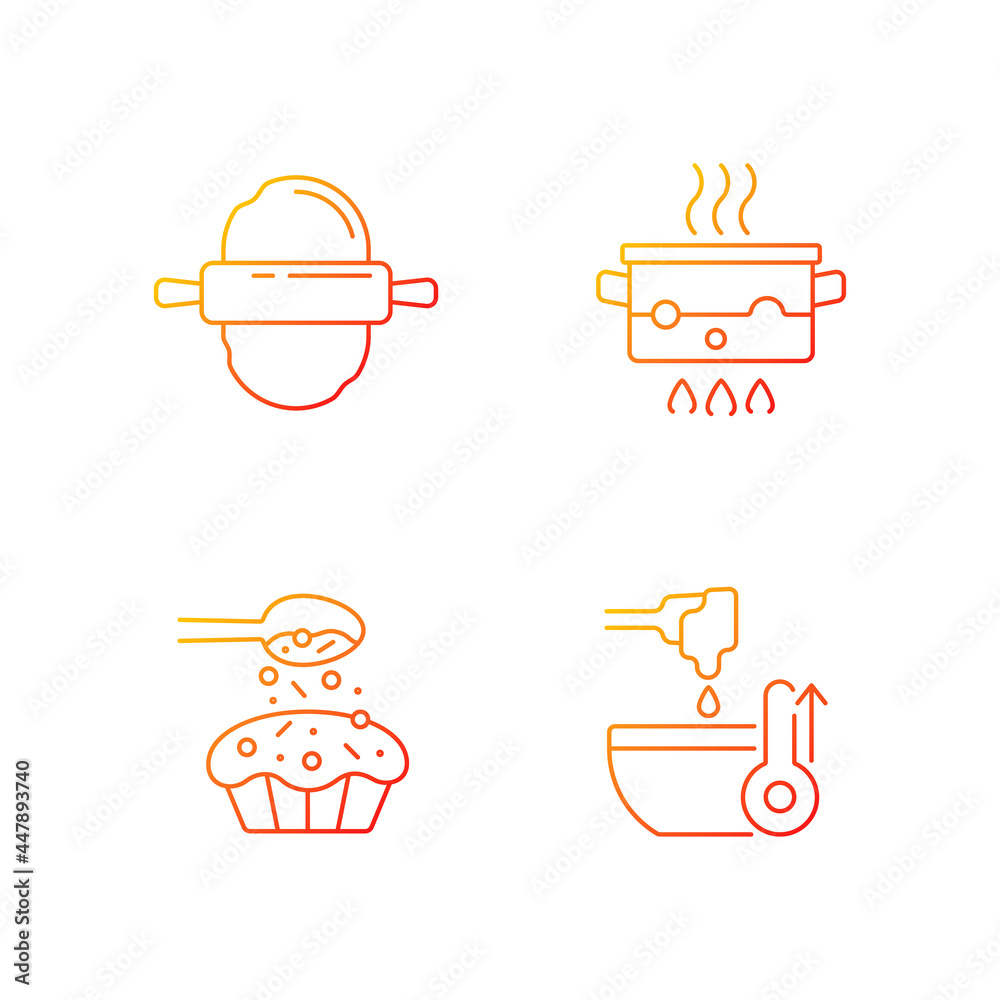 Cookery instructions gradient linear vector icons set. Roll out dough ...