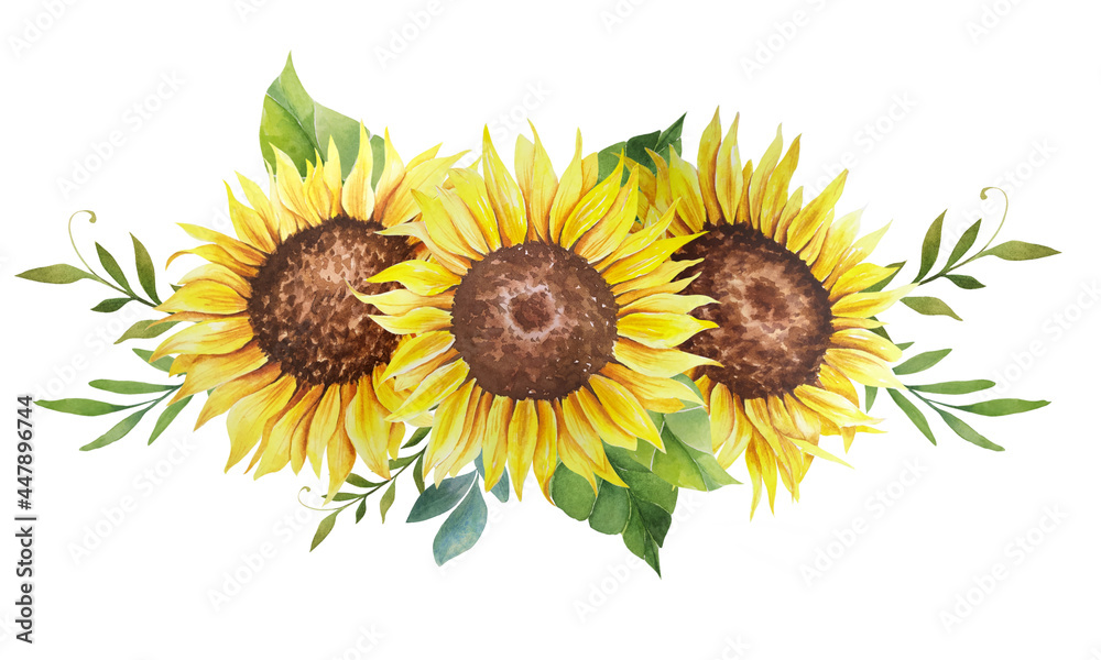 Watercolor sunflowers bouquet, hand painted sunflower bouquets ...