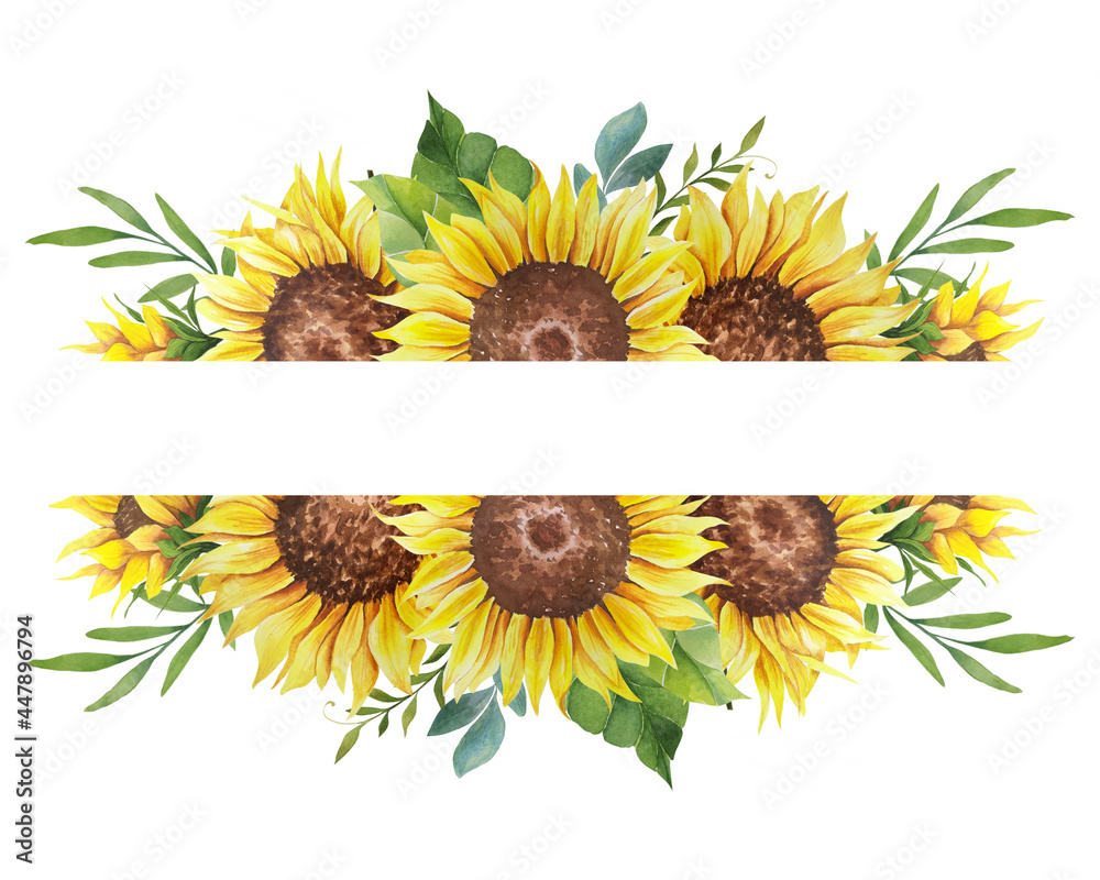 Watercolor Sunflower Frame. Floral Frame with Sunflowers and Leaves ...