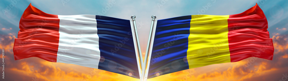 France Flag and Romania flag waving with texture sky Cloud and sunset ...
