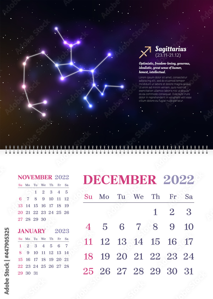 Wall zodiac calendar of December in vertical format. 2022 scheduler ...