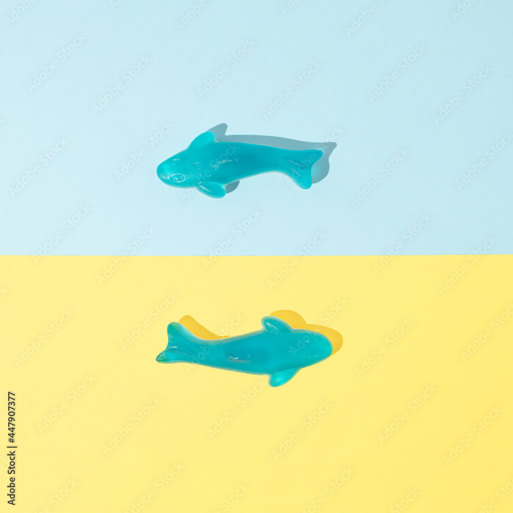 Two blue fish gummy candies on yellow and pastel blue background ...