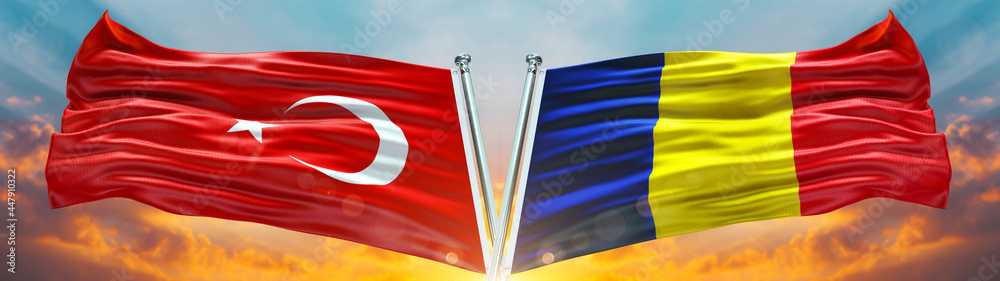 Turkey Flag and Romania flag waving with texture sky Cloud and sunset ...