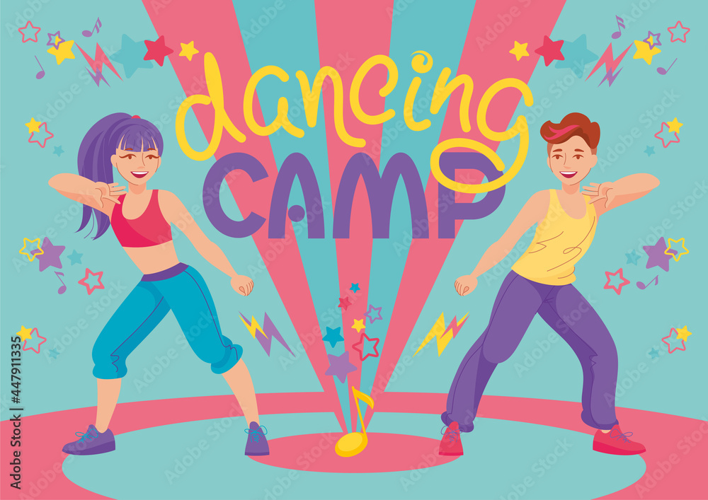 Dancing camp poster with cherrfull dancers and festive elments ...