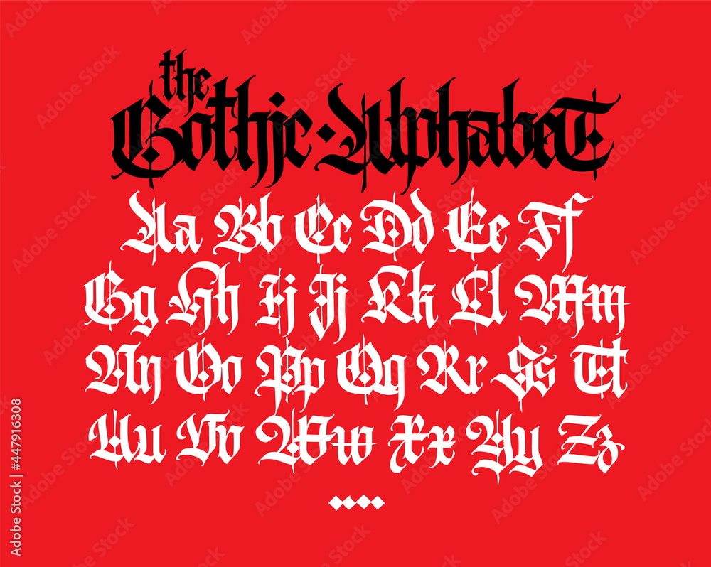 ภาพประกอบสต็อก Gothic. Uppercase and lowercase letters on a red ...