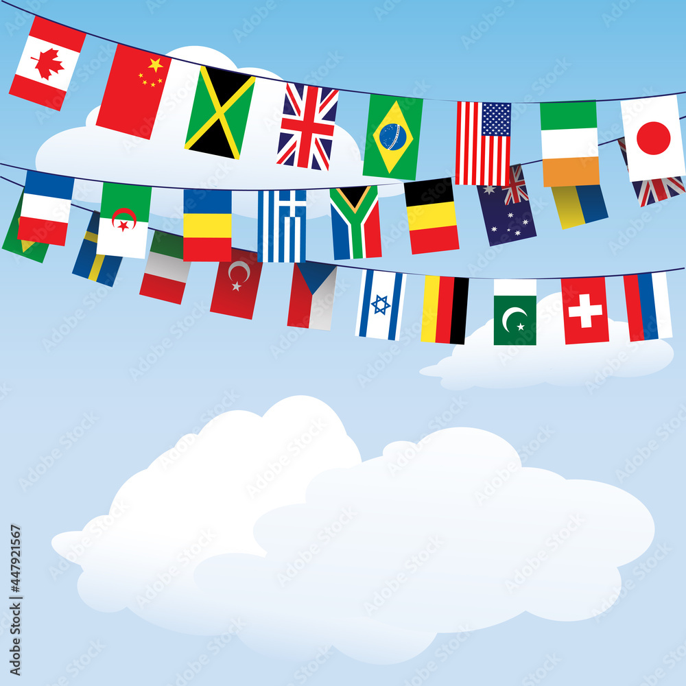 Flags of the World bunting on cloud background with space for your text ...