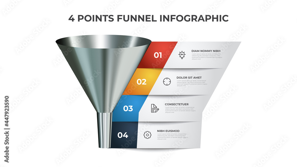 Funnel infographic diagram, chart element with 4 points, list, options ...