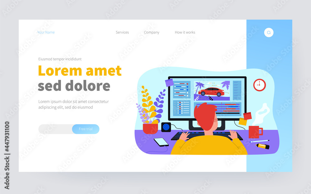 Animator sitting at workplace and creating motion design isolated flat ...