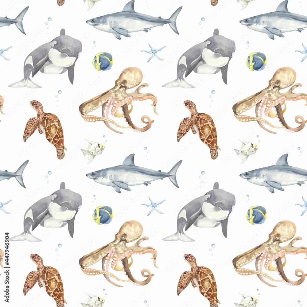 Watercolor sea pattern with deep sea creatures. Perfect for printing ...