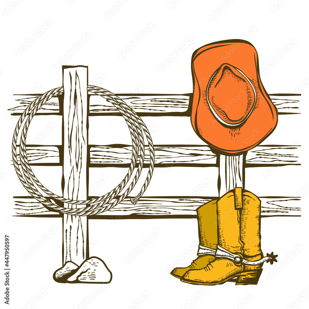 Cowboy American ranch background with cowboy hat and lasso on wood ...