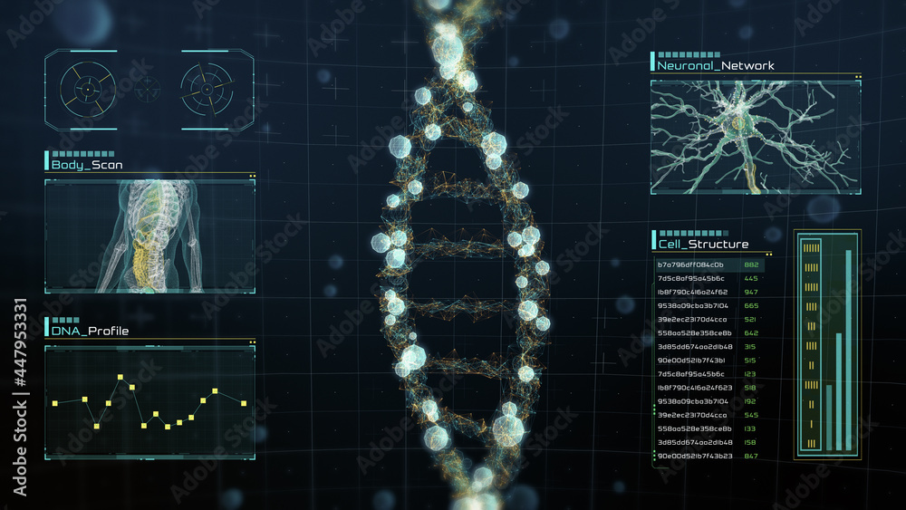 Rotating digital DNA strand on futuristic display with infographics ...