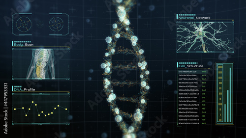 Rotating digital DNA strand on futuristic display with infographics ...