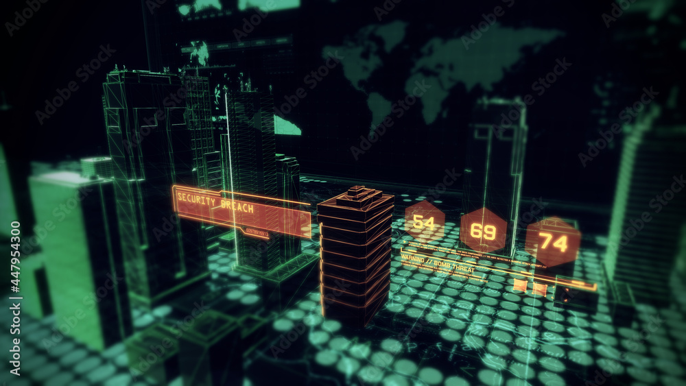 Security Access alert message over holographic Cyber City and buildings ...