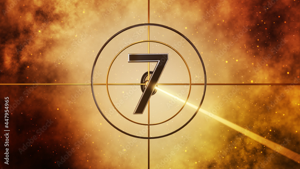 3d render of number seven with metallic rings and lines, digital symbol ...