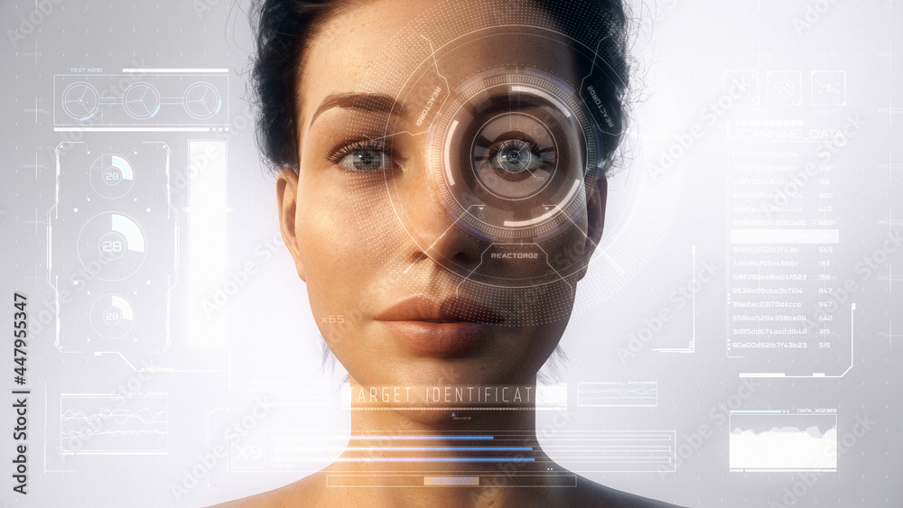 Futuristic and technological scanning of the face and retina of a ...